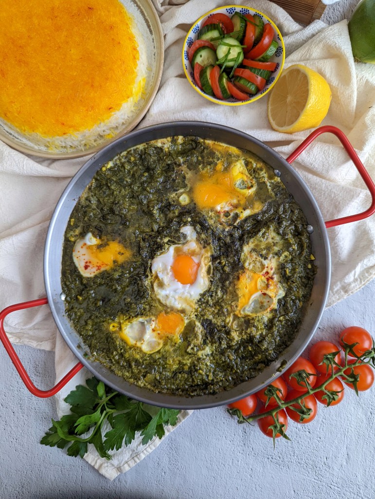 Torsh Tareh - Tangy fresh herb stew with poached eggs - The Caspian Chef